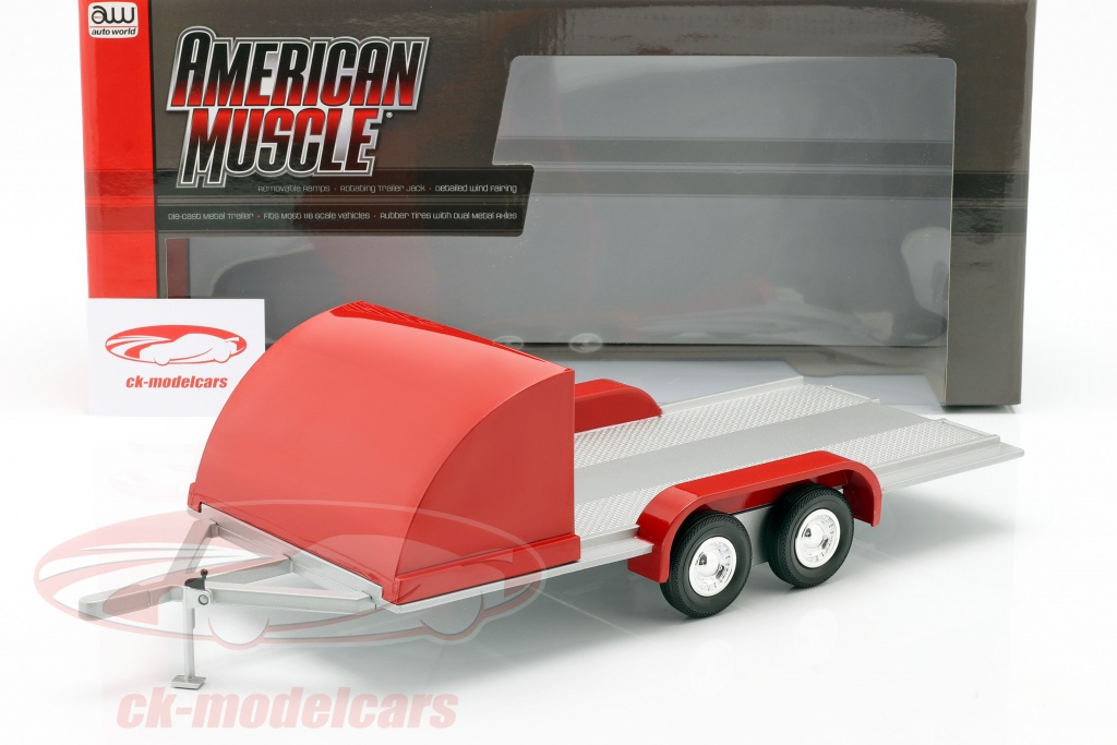 AutoWorld Four wheel open Car Trailer red / silver gray 1:18 AMM1167 ...